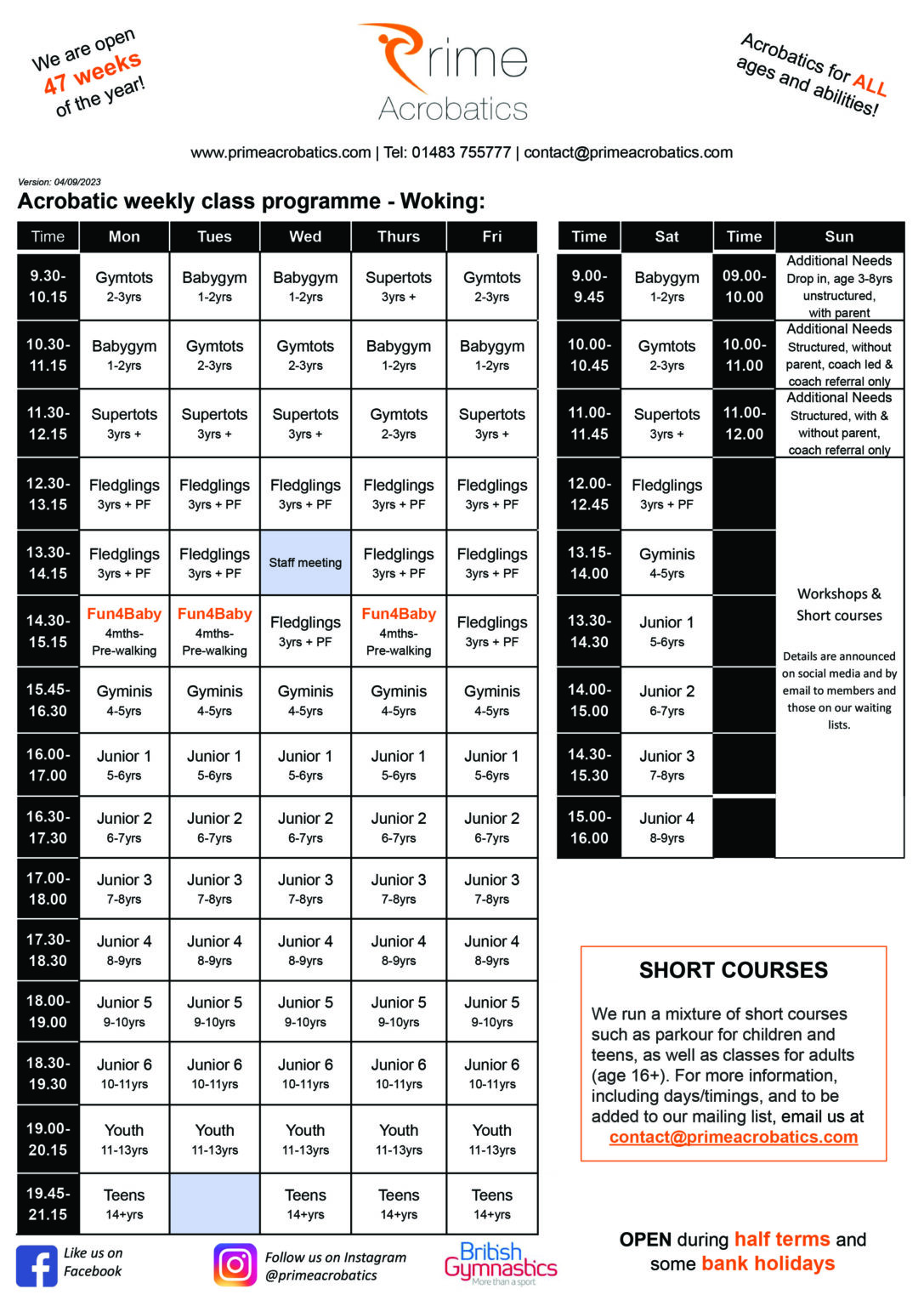 Timetable – Prime Acrobatics