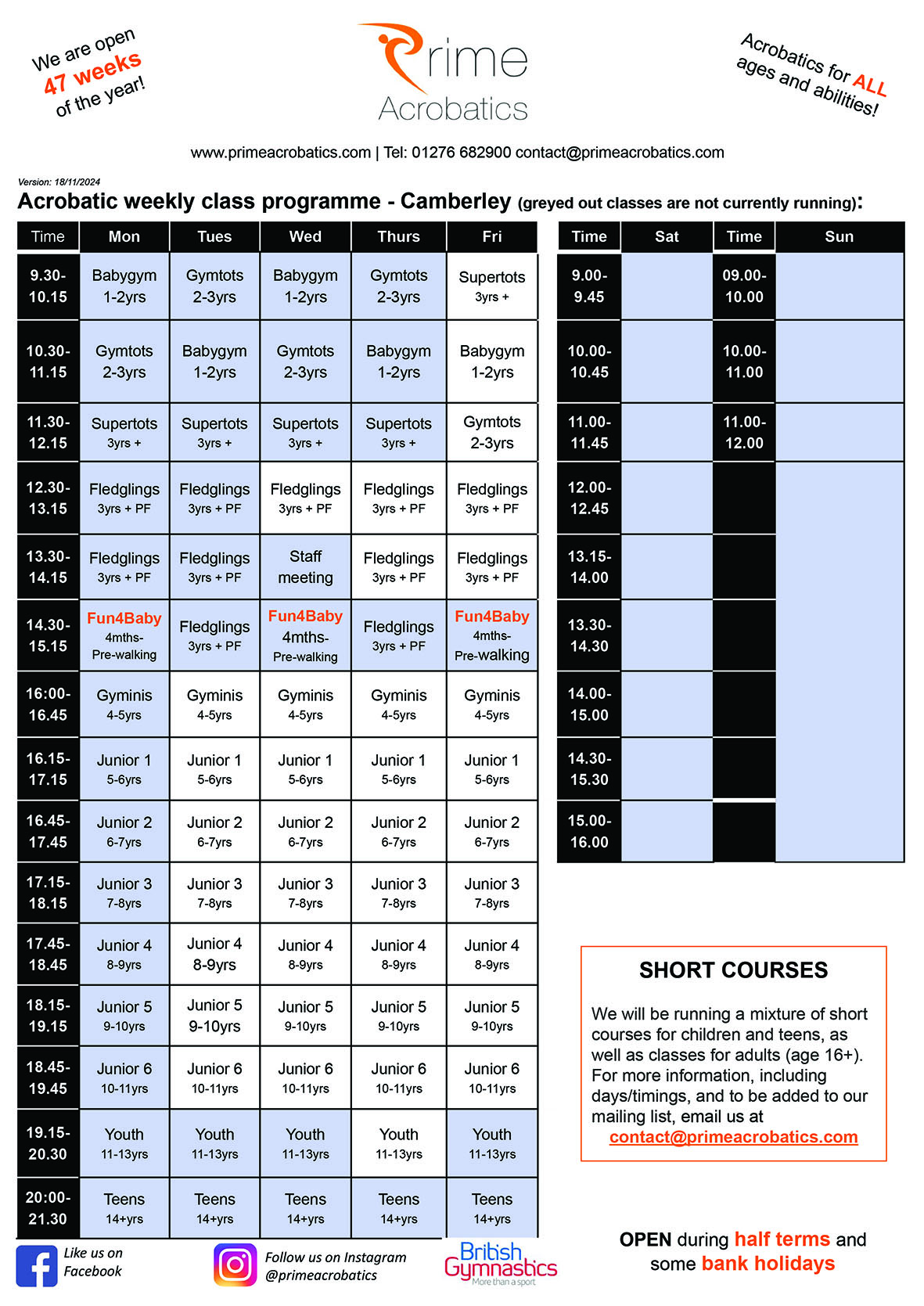 Timetable – Prime Acrobatics