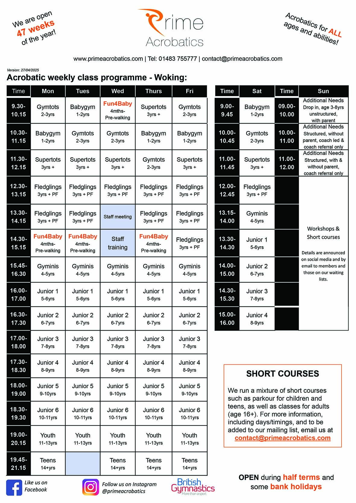 Timetable – Prime Acrobatics